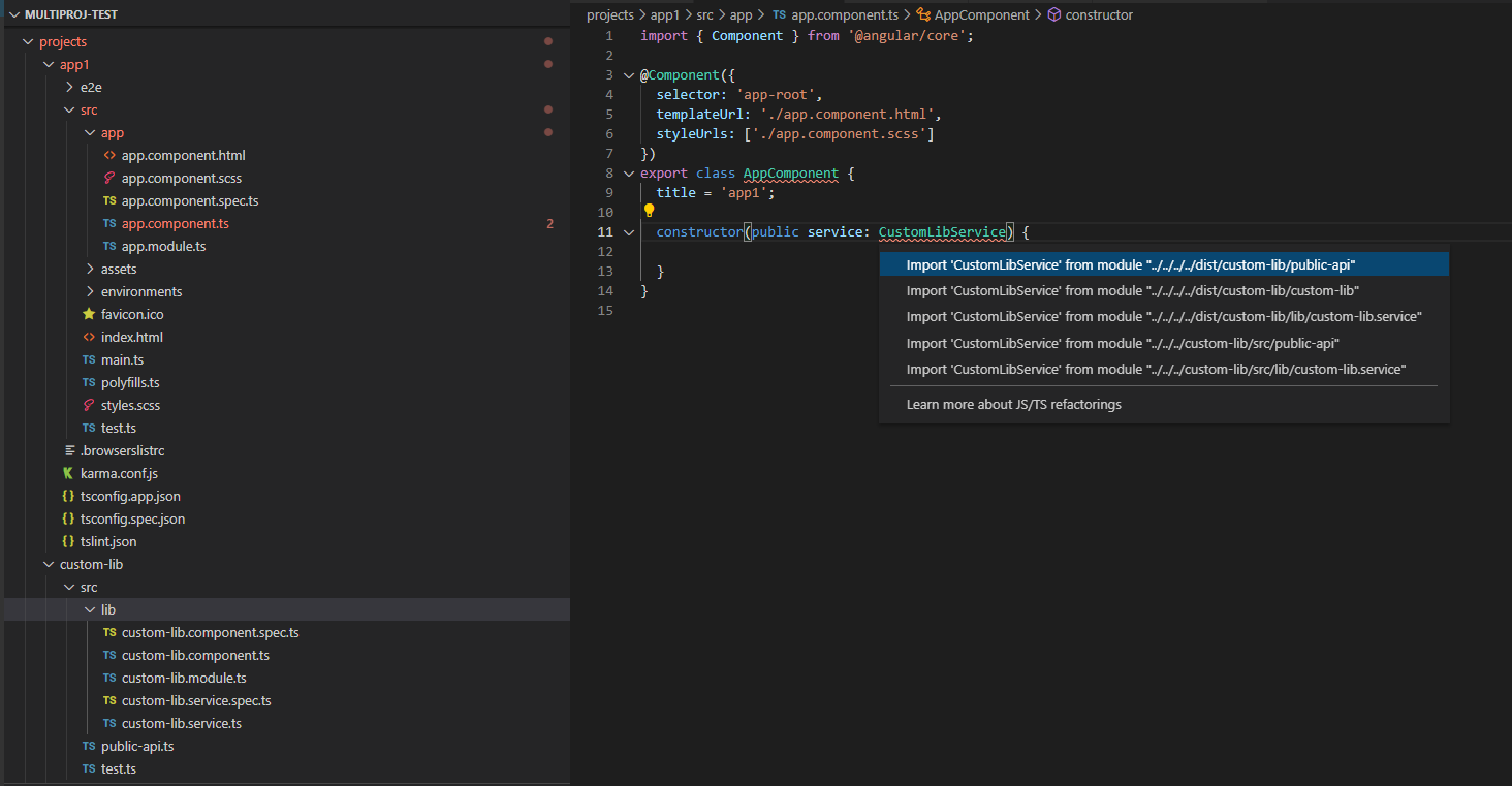 VSCode Angular 11 Custom Shared Library Auto import Suggestions Are 