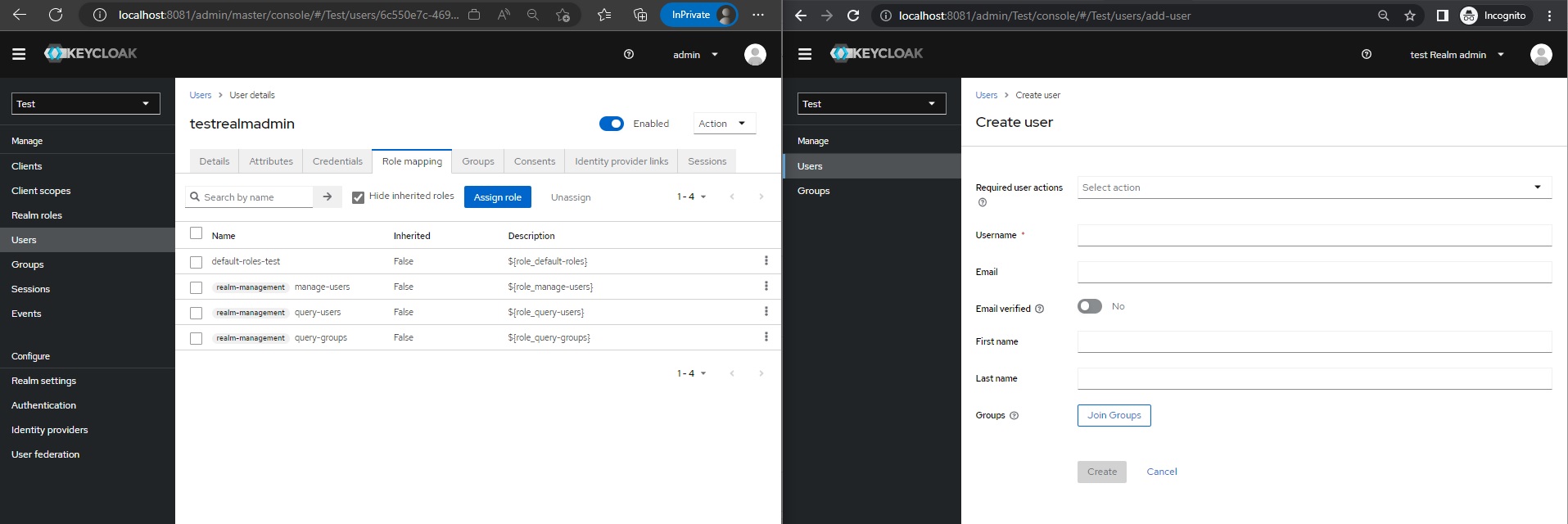The create new user page requires the admin user to be given the "Manage-Realm" role in order to ...
