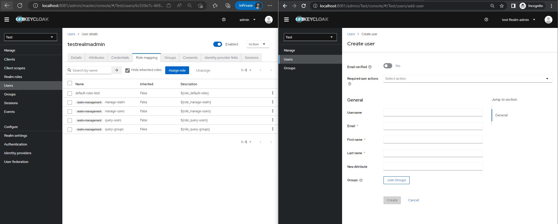 The create new user page requires the admin user to be given the "Manage-Realm" role in order to ...