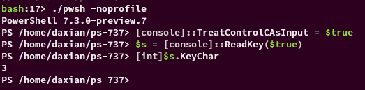 On Linux, the `KeyChar` of the `ConsoleKeyInfo` returned from `Ctrl+c` becomes `\0` with .NET 7 ...