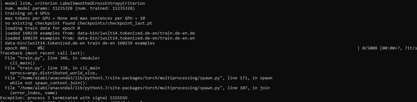 Process 3 terminated with signal SIGSEGV · Issue #1720 · facebookresearch/fairseq · GitHub