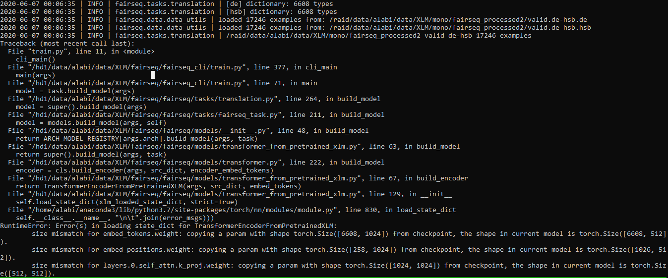Size Mismatch error when training translation_from_pretrained_xlm ...
