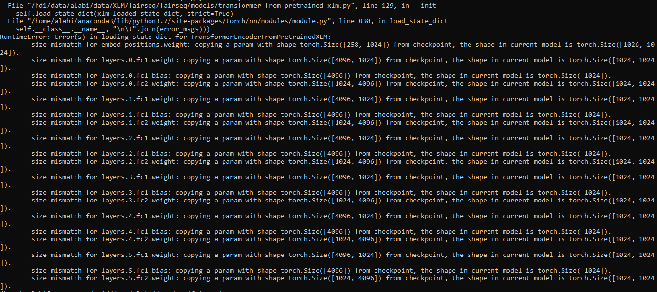 Size Mismatch error when training translation_from_pretrained_xlm · Issue #2218 ...