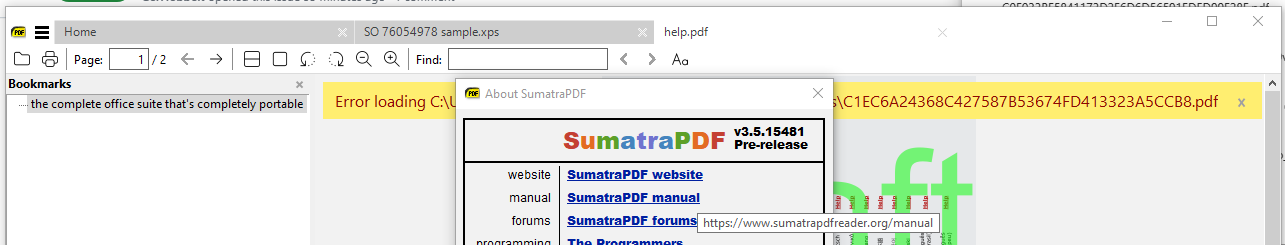 feeding SumatraPDF a b0rked PDF takes a while ("Not reponding") AND then shows the previously ...