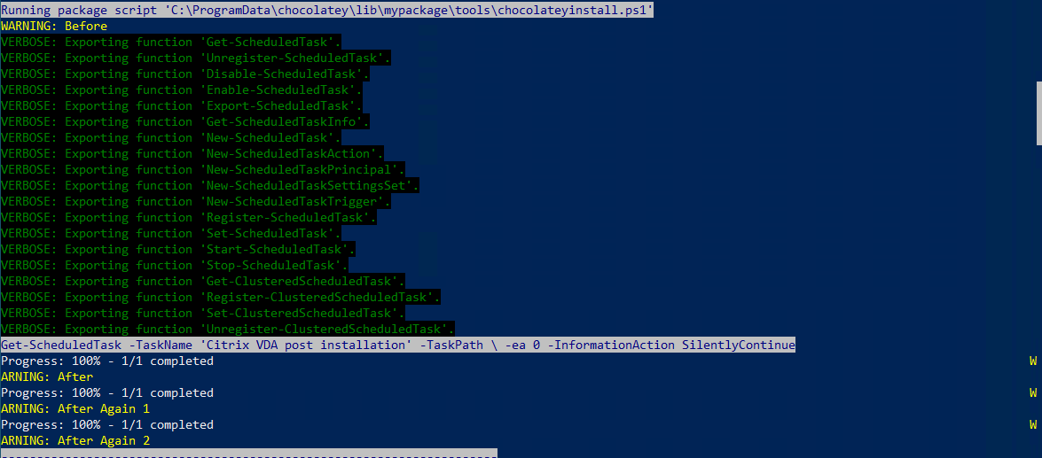 Scheduledtasks Powershell Module Produces Progress Output When Used In A Package During