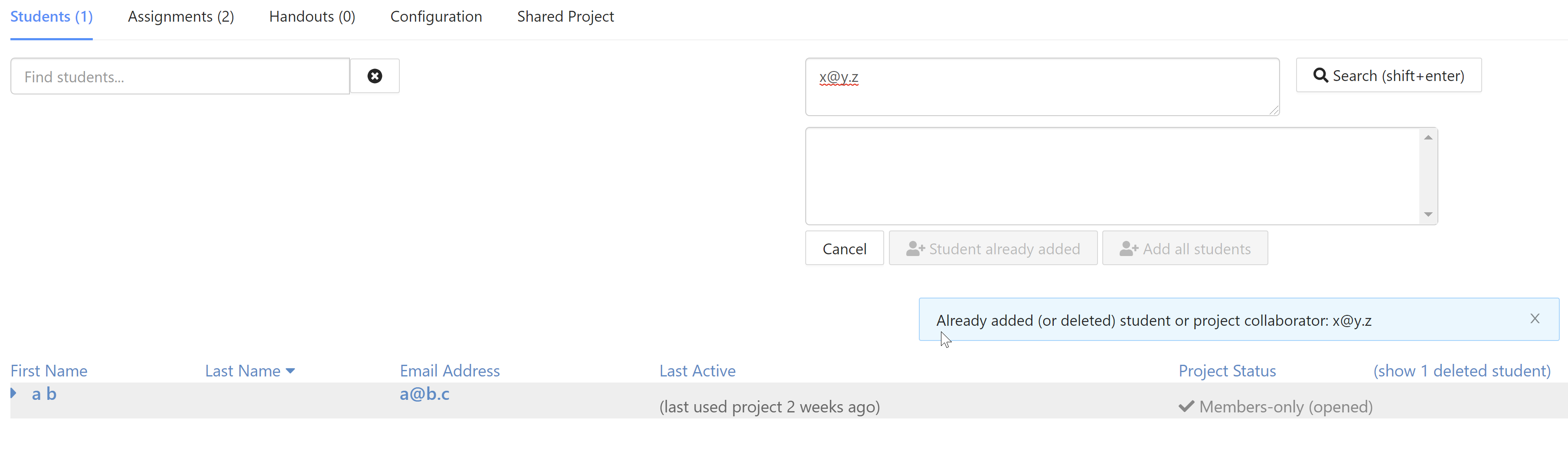 course: if you try to add a deleted student, provide a big button to explicitly undelete them ...