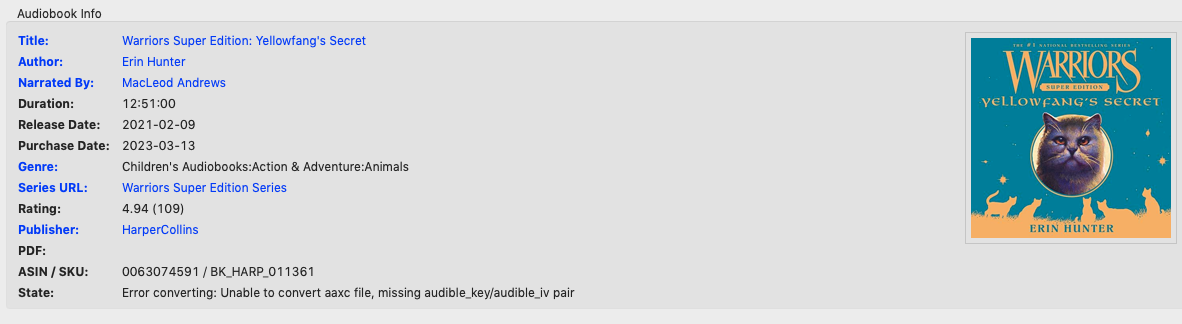 Unable to convert aaxc file - missing audible_key/audible_iv pair ...