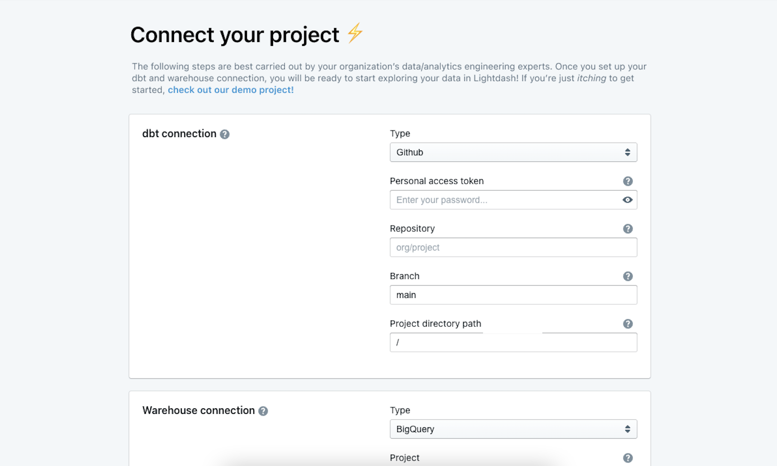 The 'Connect project' page should include a link to our demo project. · Issue #1025 · lightdash ...