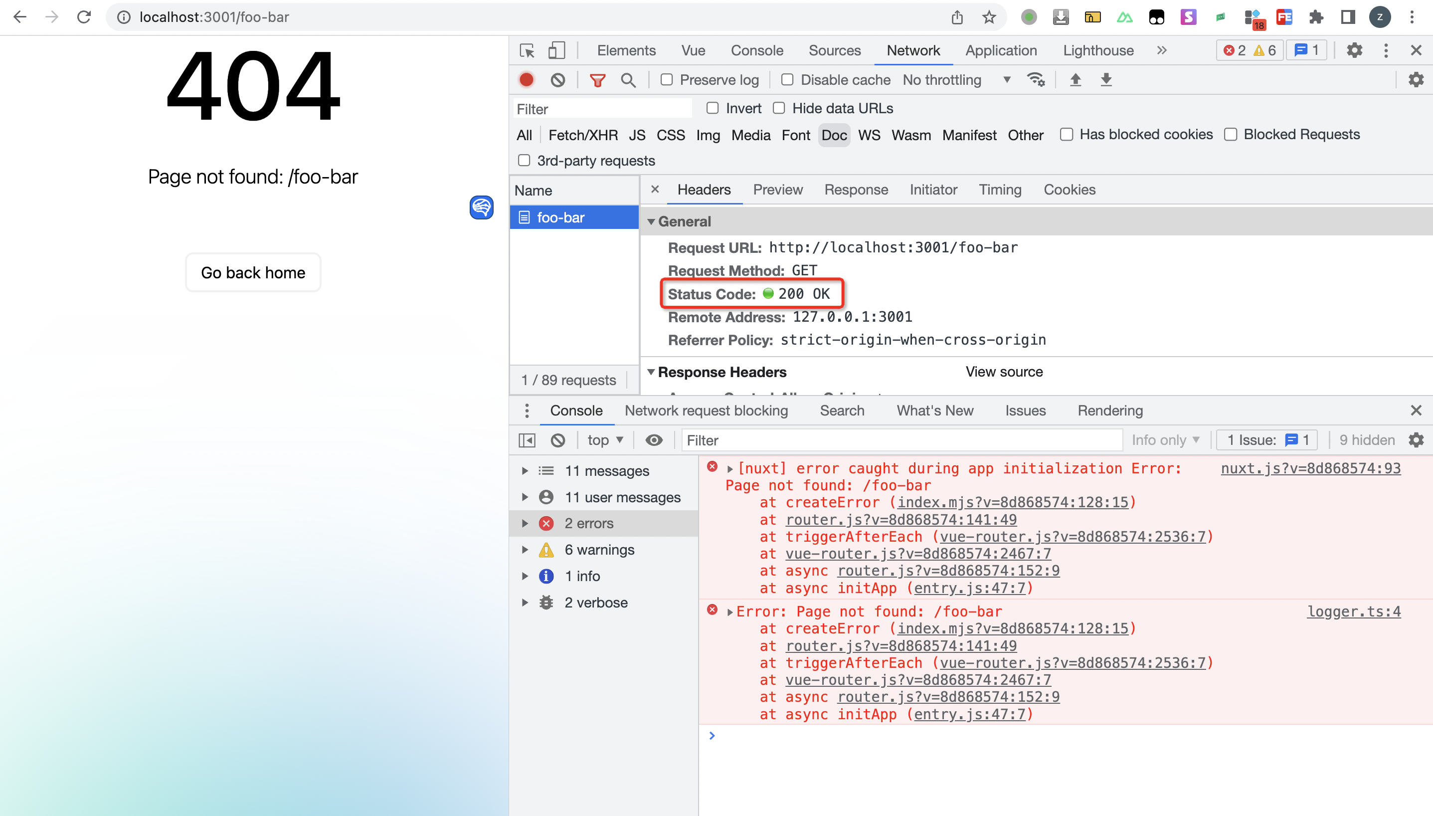 The HTTP status code is not 404 when visiting a non-existent page after I register an "app:error ...