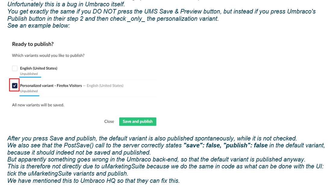 [uMarketingSuite package] The page is published when users click on "Save and preview" for the ...