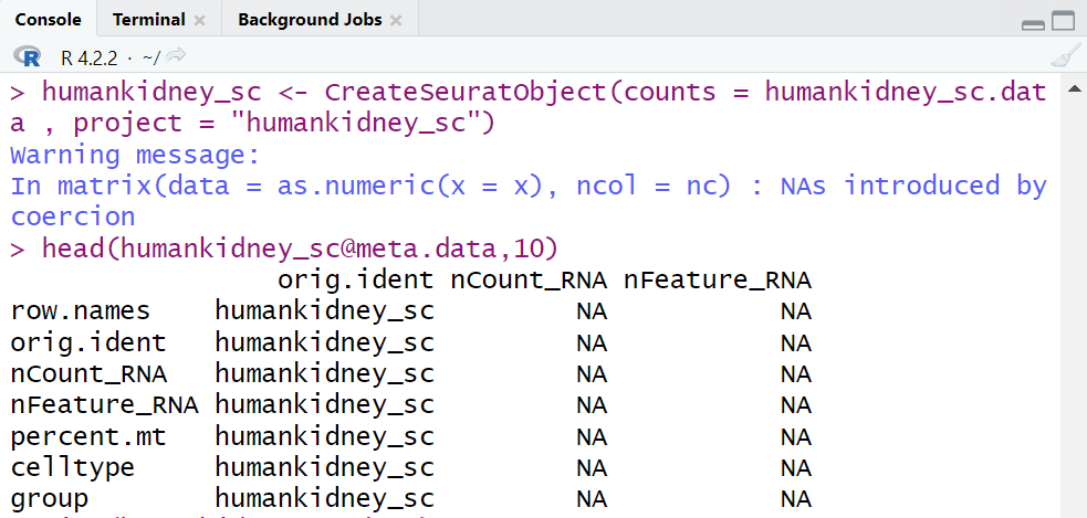 When creating a Seurat object using metadata, values become NA，warning message:In matrix(data ...