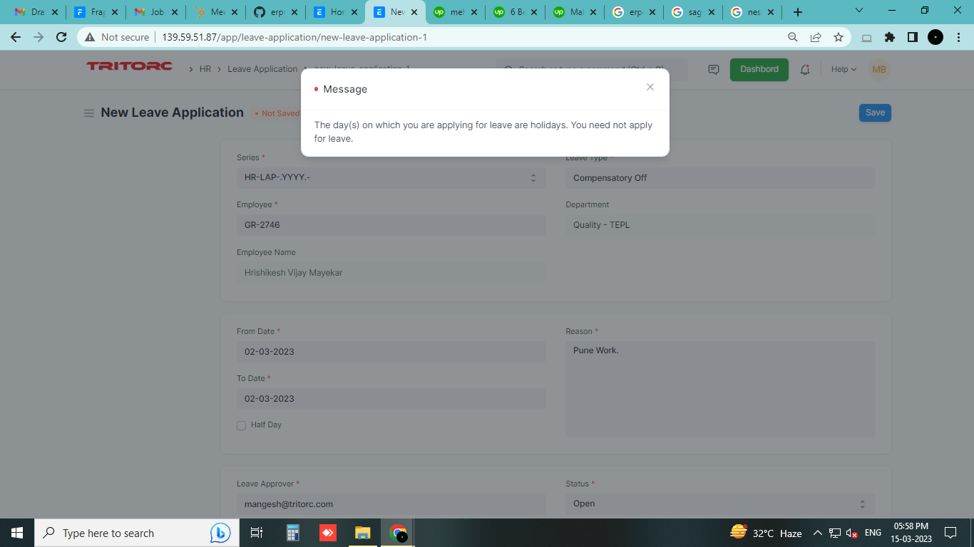 Couldn't Save A Leave Application in ERPnext ? · Issue #396 · frappe/hrms · GitHub