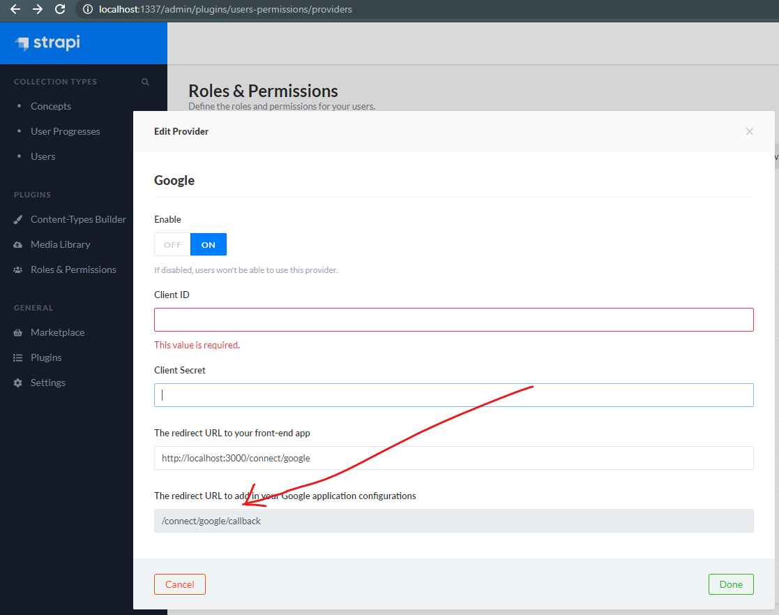 Providers: Incomplete field "The redirect URL to add in your Google application configurations ...