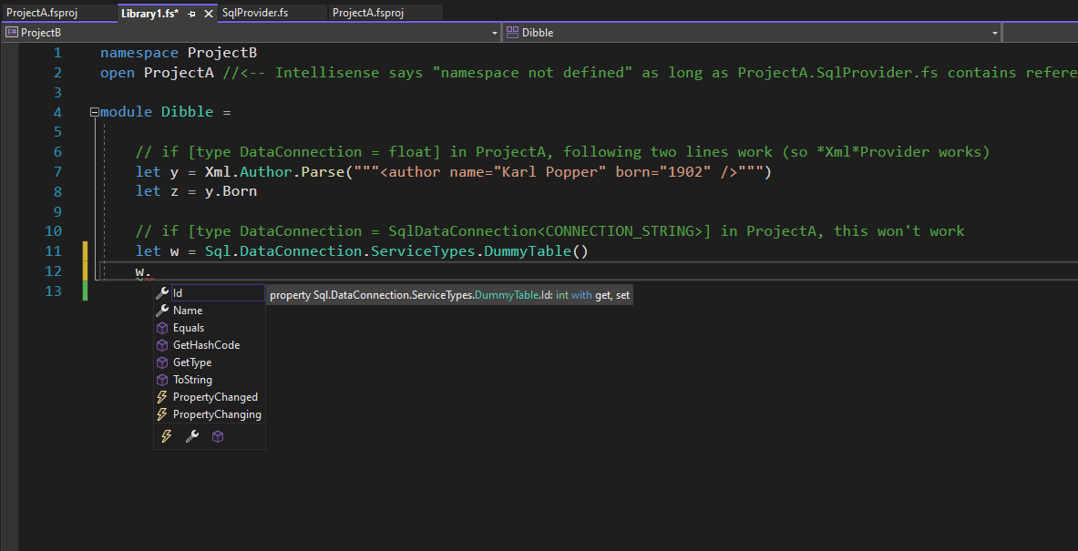 Intellisense for F# external SqlDataConnection type provider broken in v16.10.0 · Issue #12078 ...