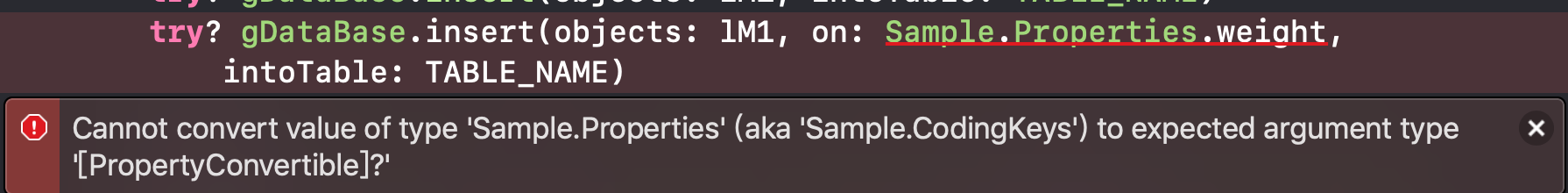 Cannot convert value of type 'Sample.Properties' (aka 'Sample.CodingKeys') to expected argument ...