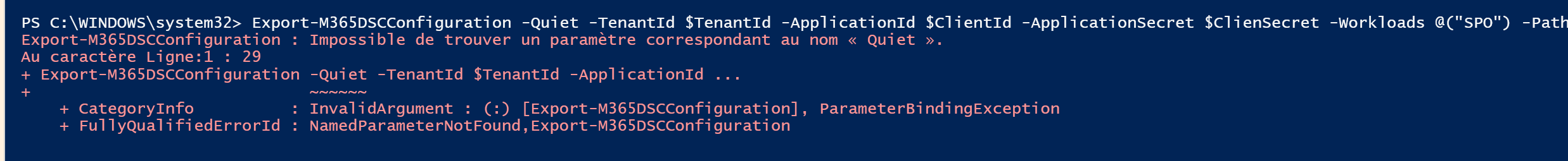 Export-M365DSCConfiguration: Quiet parameter not found · Issue #2147 · microsoft/Microsoft365DSC ...