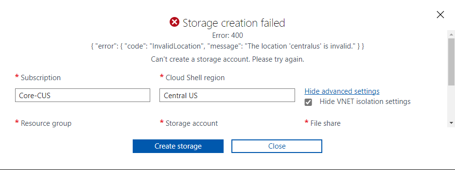 [BUG] vNet Isolation Not Available for Central US · Issue #330 · Azure/CloudShell · GitHub