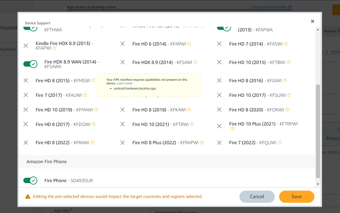 Your APK manifest requires capabilities not present on this device. (android.hardware.location ...