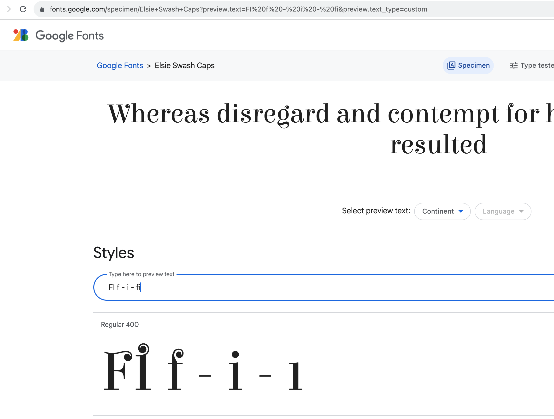 Elsie Swash Caps Does Not Render The Letters Fi And It Renders A Weird 1 Character Instead