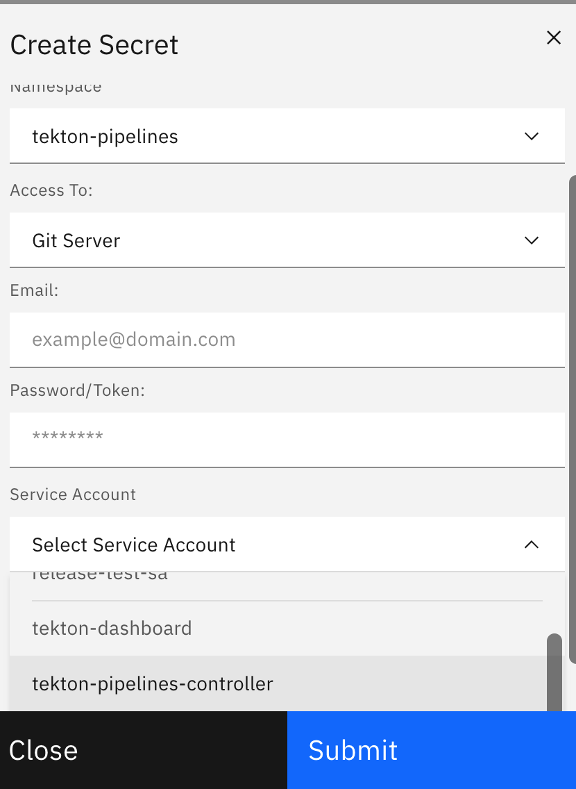 Create secrets panel is too short (hard to select last SA) · Issue #400 · tektoncd/dashboard ...