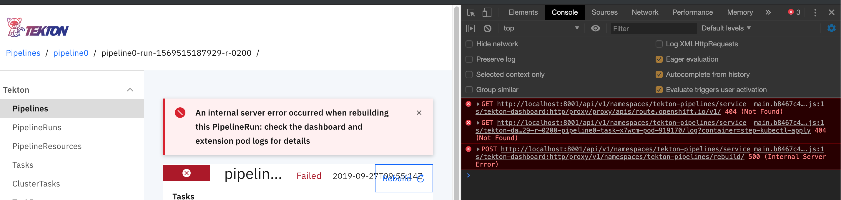 Rebuild button fails intermittently (code 500 for backend, no page load for frontend sometimes ...