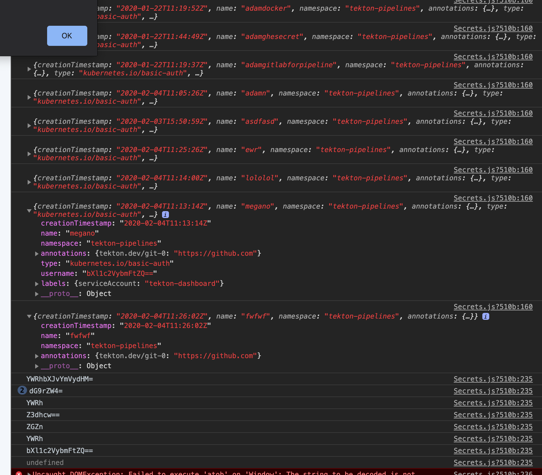 Secret creation results in error notification · Issue #996 · tektoncd/dashboard · GitHub