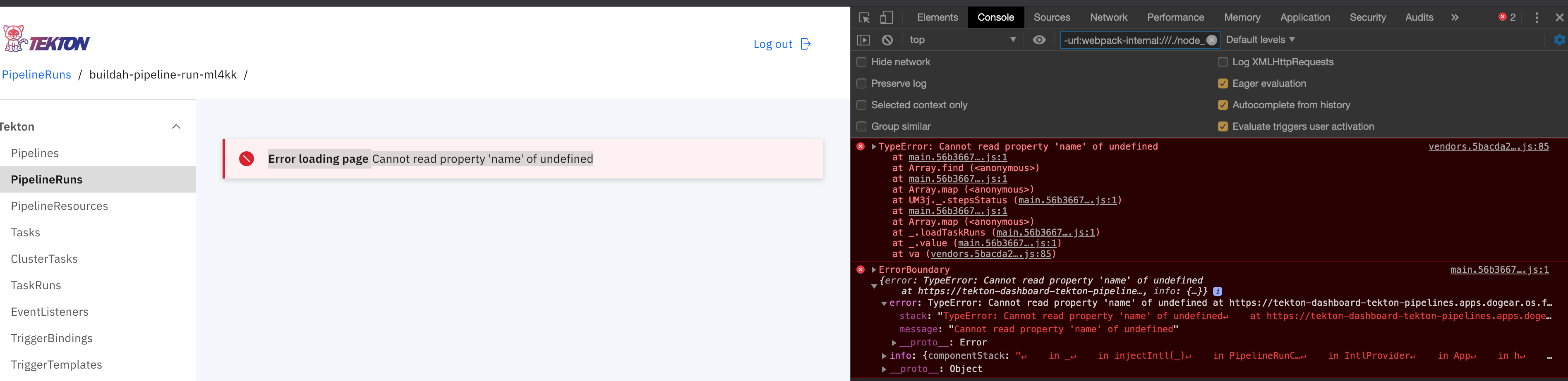 PipelineRun page fails to load for Buildah pipeline (name undefined) · Issue #1007 · tektoncd ...