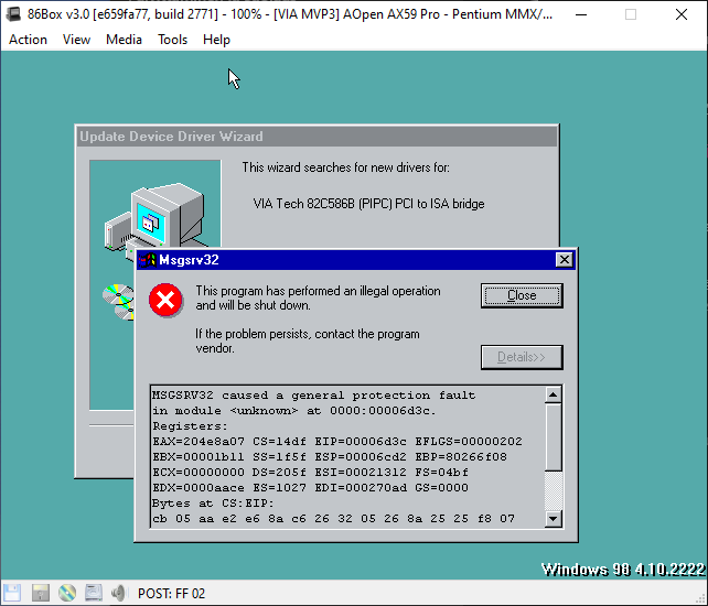 Windows 9x breaks in 64-bit builds of 86box · Issue #1215 · 86Box/86Box · GitHub