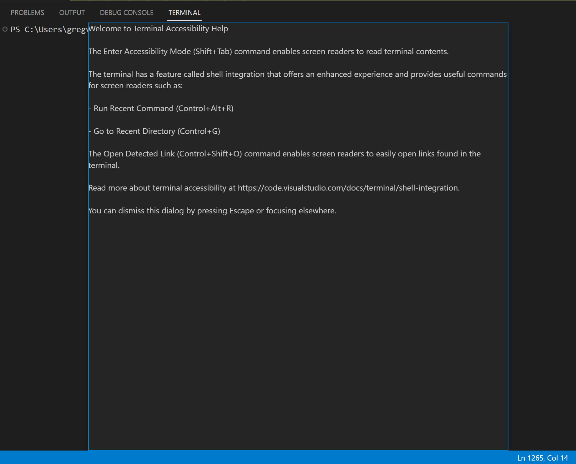 Terminal Accessibility Help dialog stretches from bottom of terminal panel · Issue #172344 ...