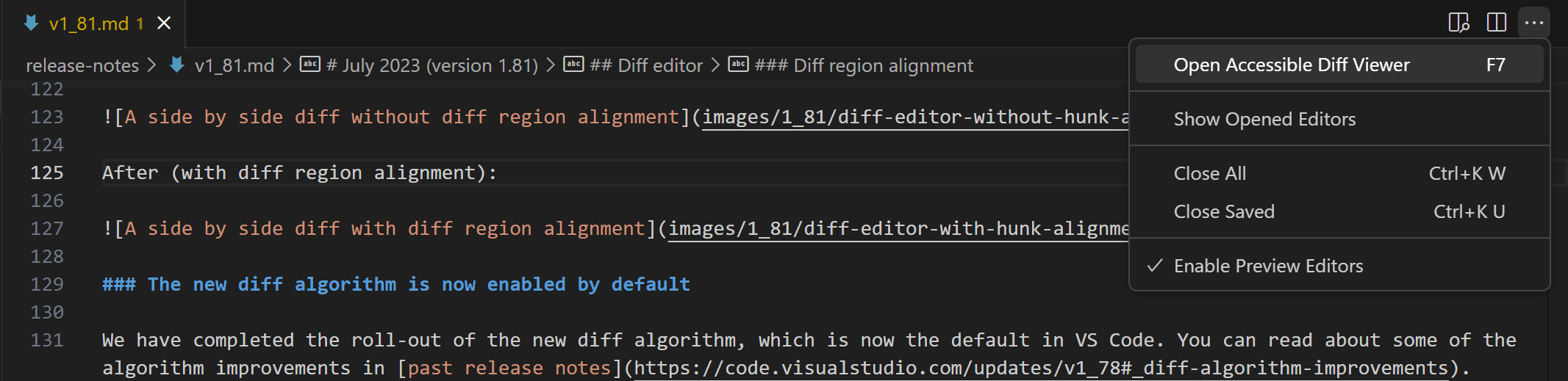 Open Accessible Diff Viewer Command Always Displayed In An Open Editor · Issue 189444 2482