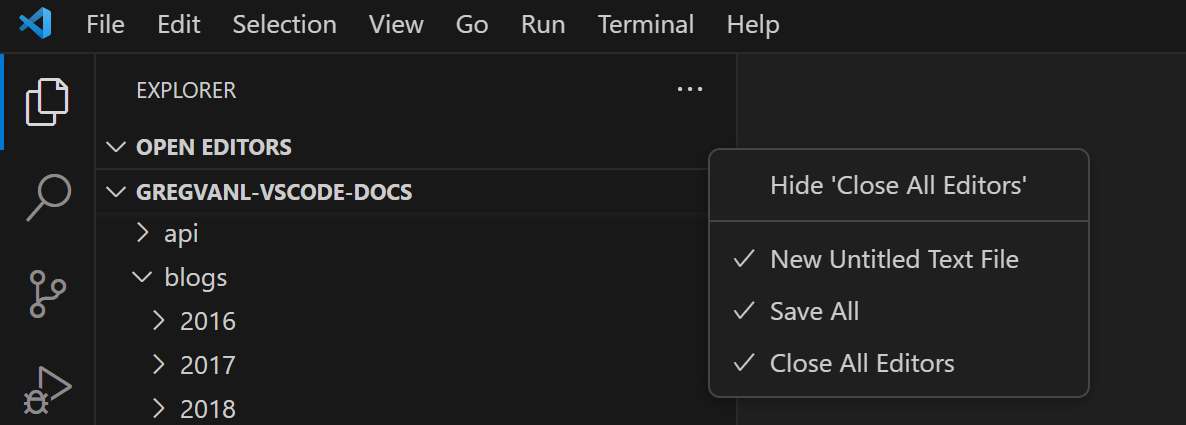 "Close All Editors" button gets minimized in dropdown · Issue #6608 · microsoft/vscode-docs · GitHub