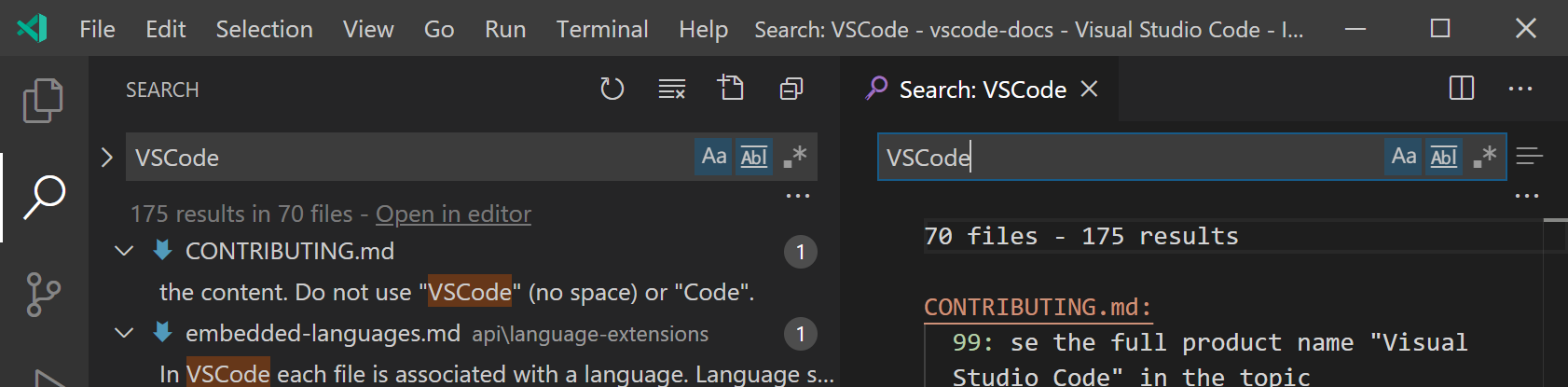 Search Editor presents files before results, opposite of Search view ...