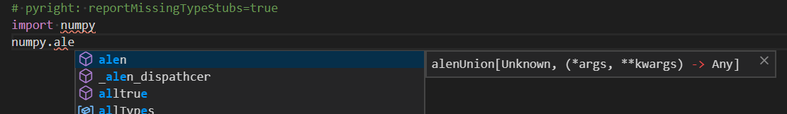 Numpy.alen() resolves to returning Unknown while it returns int · Issue #422 · microsoft/pyright ...