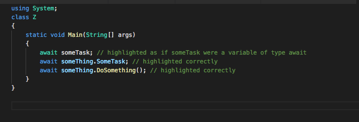 Incorrect Highlighting Of Await · Issue 83 · Dotnet Csharp Tmlanguage · Github