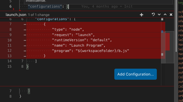 Inline git peek editor in launch.json also has an `Add Configuration ...