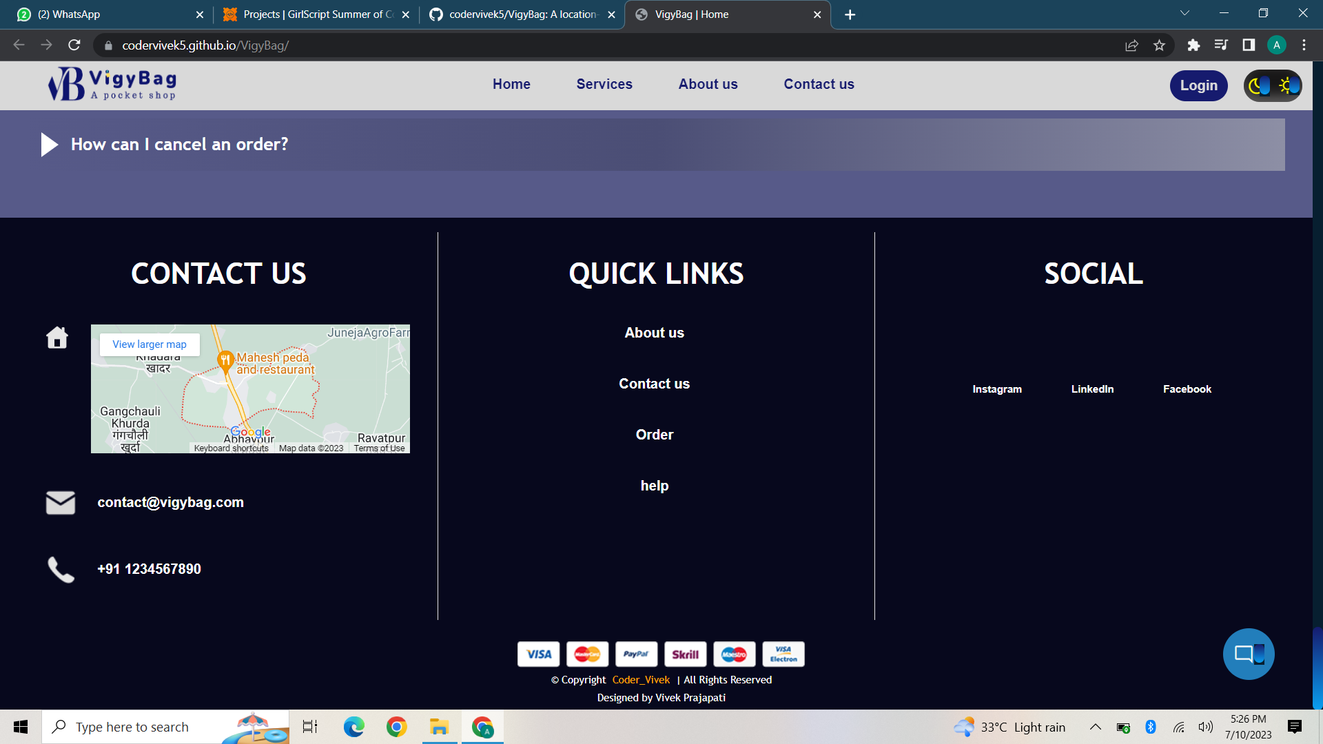 Add logos for socials in the footer section · Issue #583 · codervivek5/VigyBag · GitHub