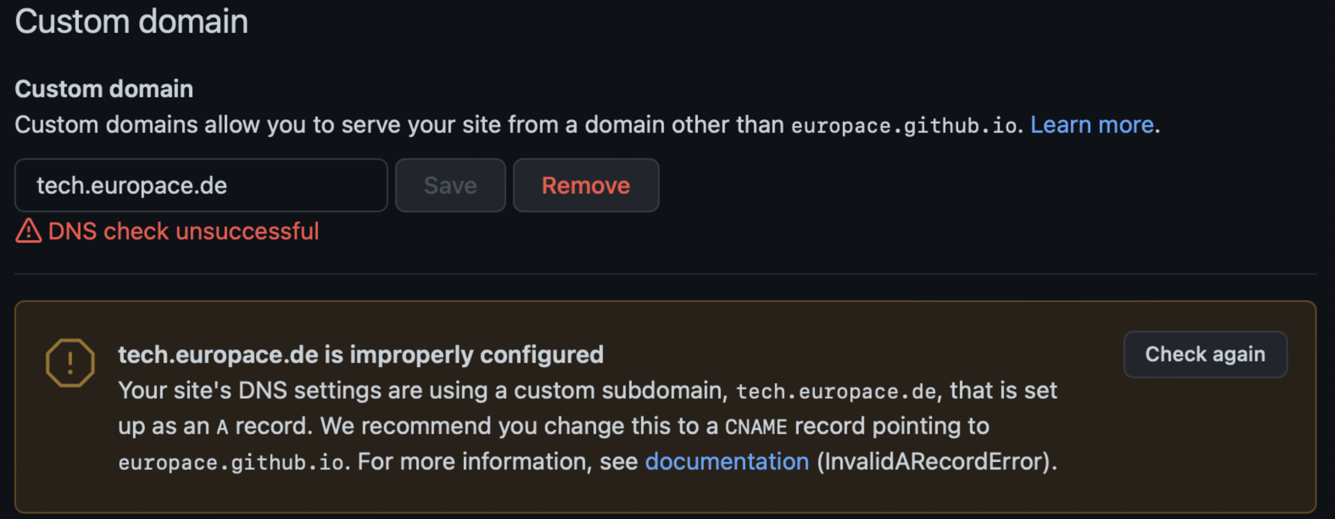 Custom Domain - CNAME and CAA conflict resolved with A record, it works, but now DNS check is ...