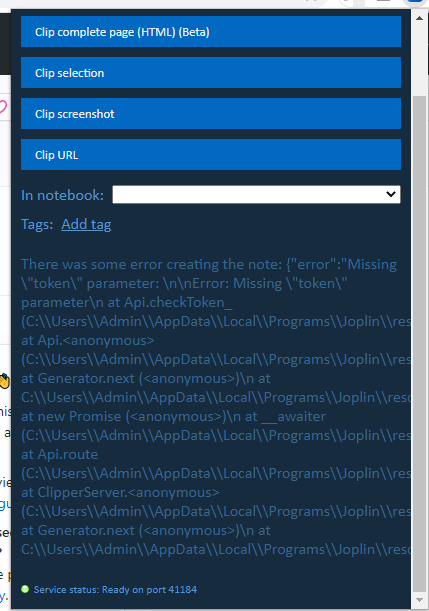 Web clipper not working "missing token" · Issue #5125 · laurent22/joplin · GitHub