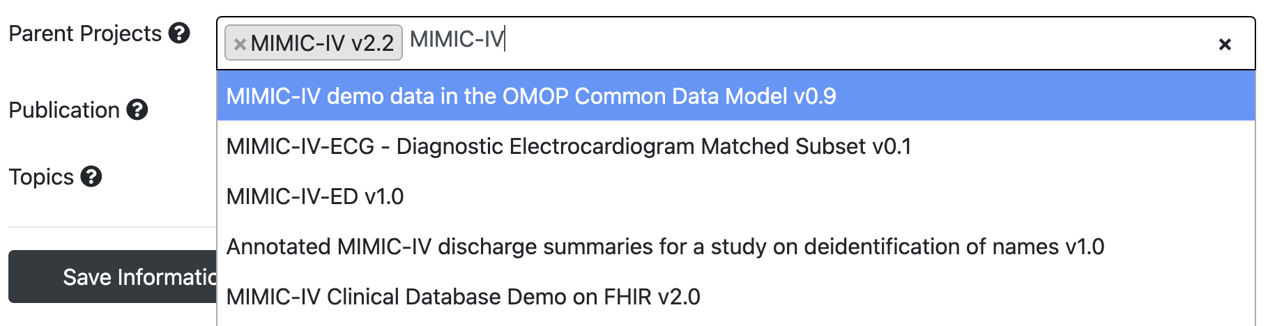 List for selecting a parent project is not ordered well · Issue #2132 · MIT-LCP/physionet-build ...