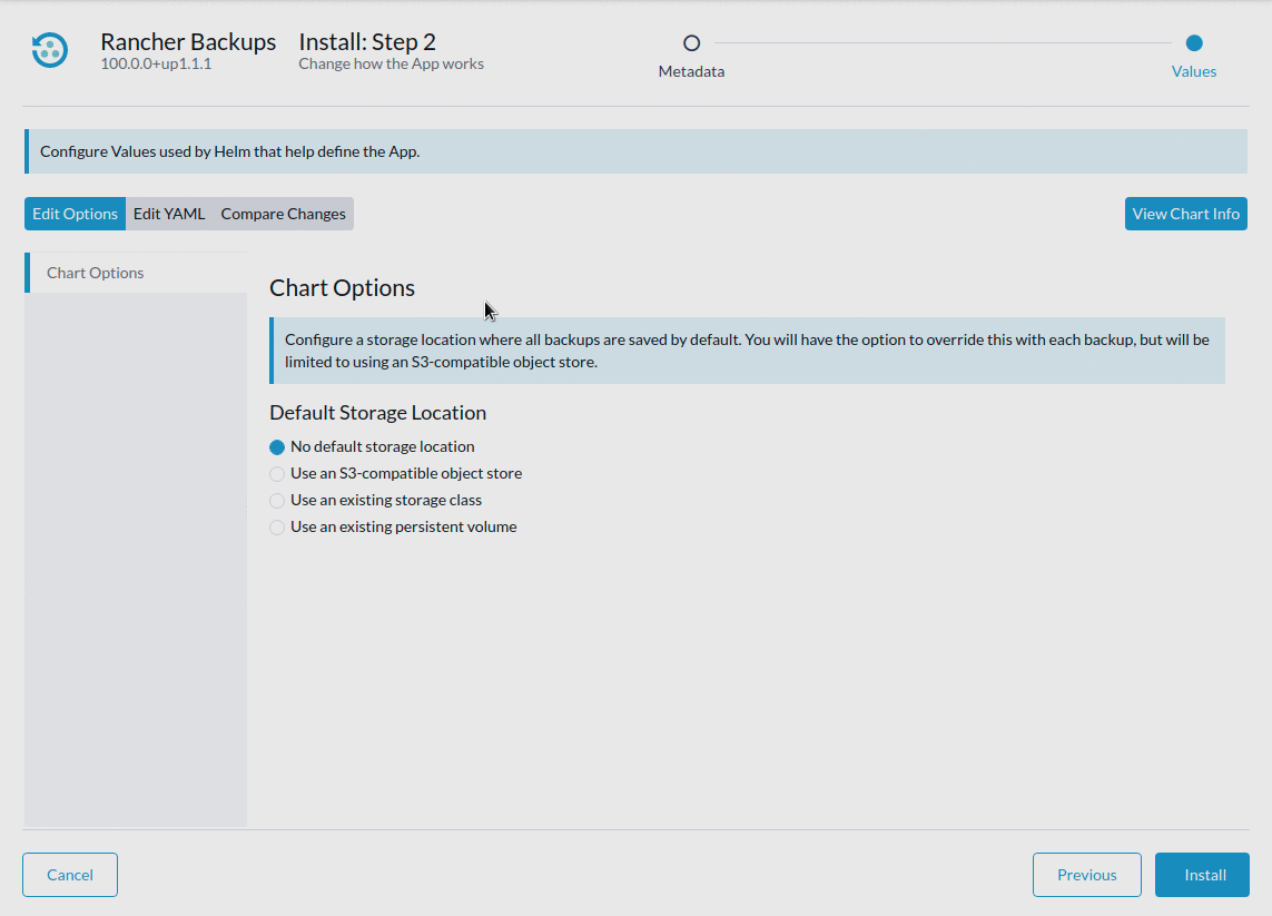Enabling S3 while deploying backup restore chart is not persisting when switching between edit ...