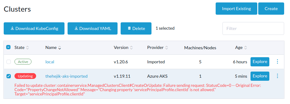 Unable to update k8s on Imported AKS cluster due error from API `Changing property ...