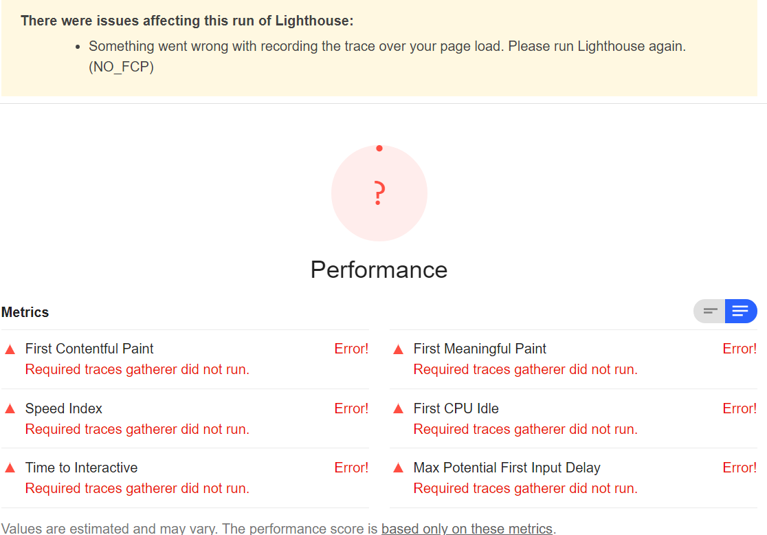 NO_FCP for webGL page from Lighthouse, but there is FP in console · Issue #10015 · GoogleChrome ...
