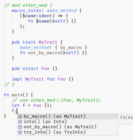 A method inside a trait, when generated by a macro and implemented in another module, won't show ...