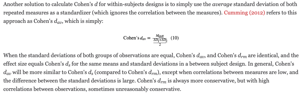 Cohen's d calculation (paired samples) result doesn't match underlying ...