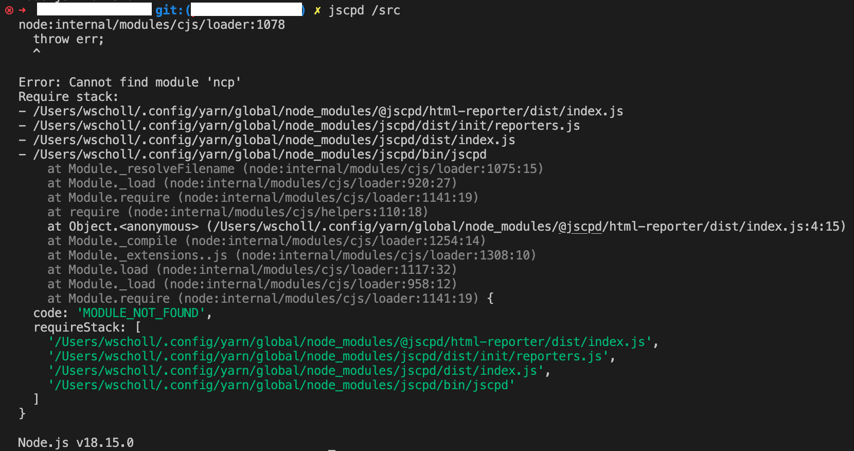 Cannot find module 'ncp' error - jscpd & node · Issue #585 · kucherenko/jscpd · GitHub