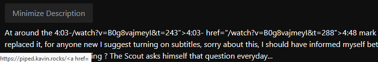 Broken HTML in description due to timestamps · Issue #1534 · TeamPiped/Piped · GitHub