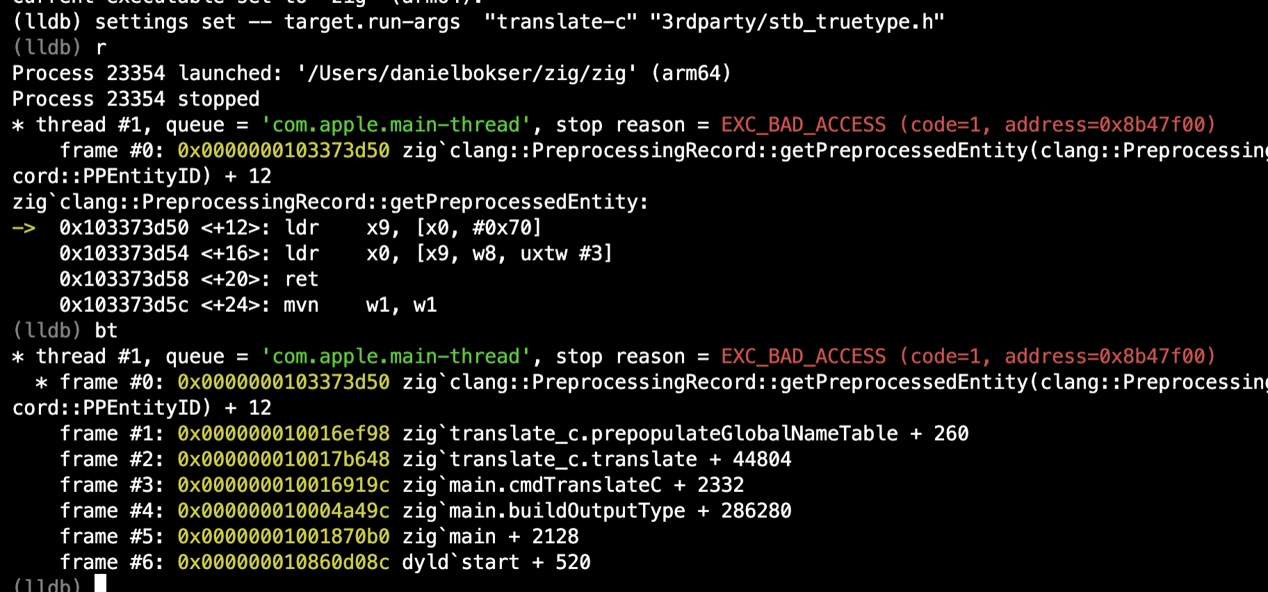 Segmentation fault when using @cImport on aarch64-macos · Issue #12483 · ziglang/zig · GitHub