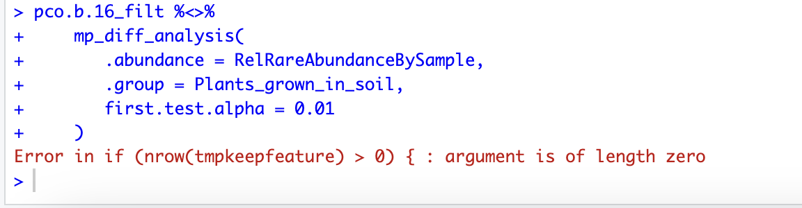 Biomarker discovery: Error in if (nrow(tmpkeepfeature) > 0) { : argument is of length zero ...