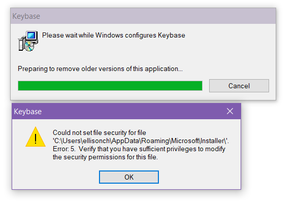 Can't upgrade keybase; getting error "could not set file security for file" · Issue #24565 ...