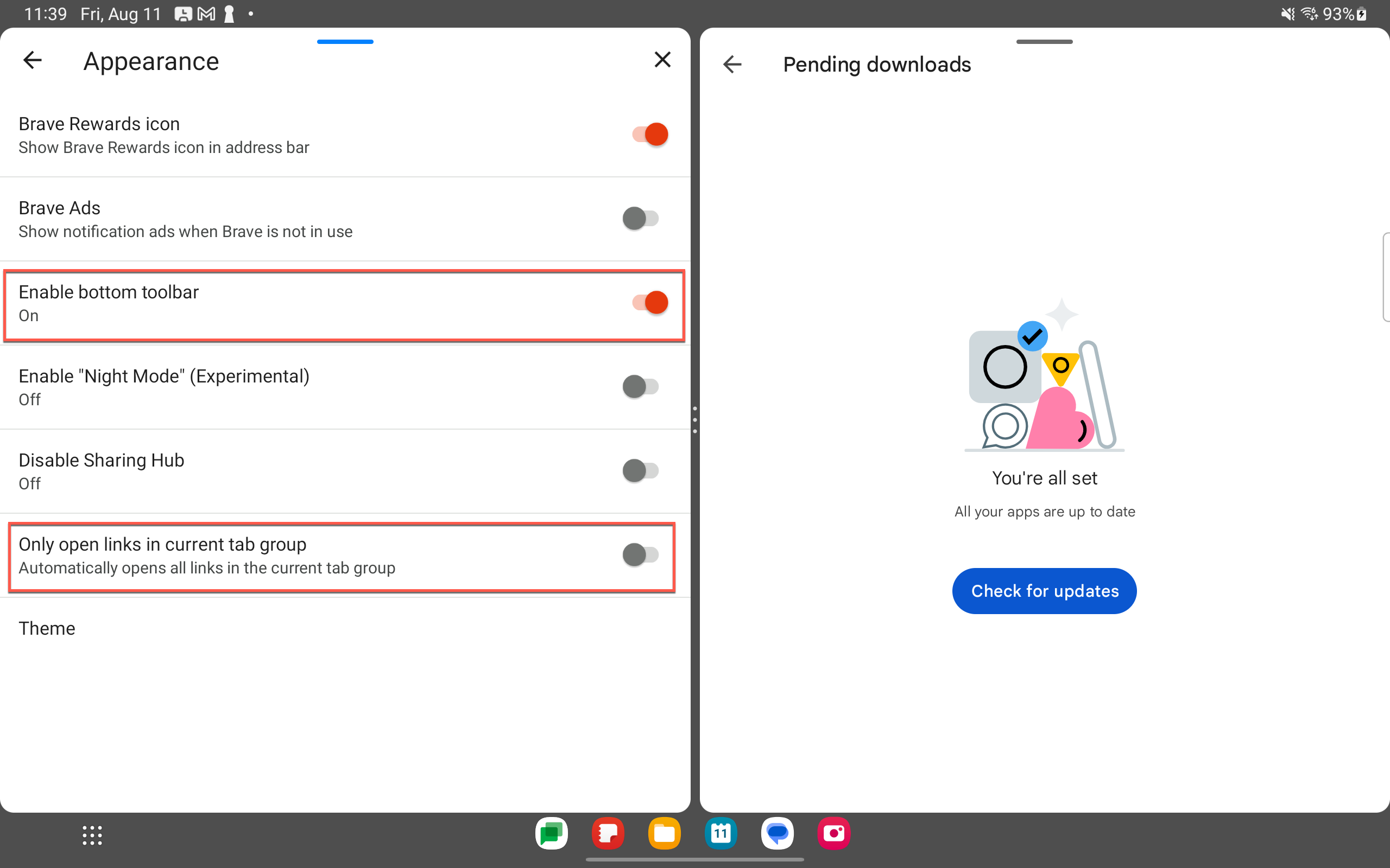 [Tablet] Some settings that are hidden on tablets, can be seen when "Split screen" mode is ON ...